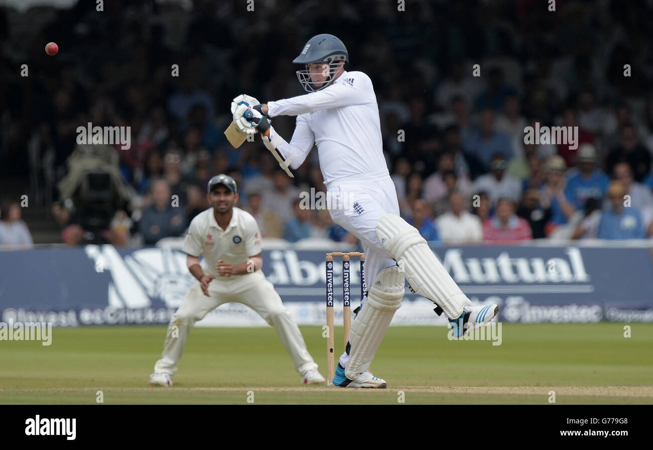Englands stuart broad bats day five test lords cricket ground hi-res ...