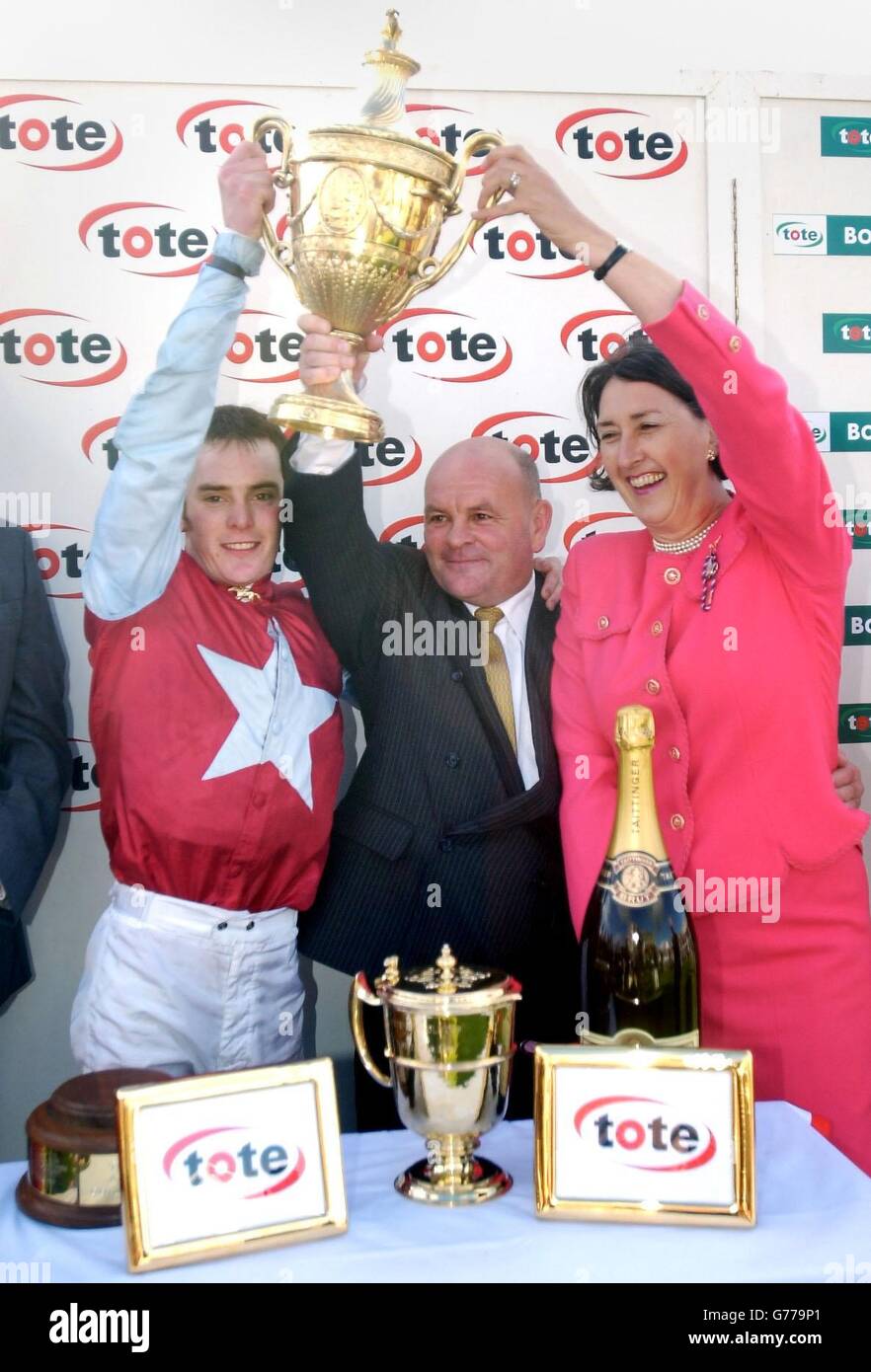(From L-R) Jockey Adrian Nicholls with horse trainer David Nicholls ...