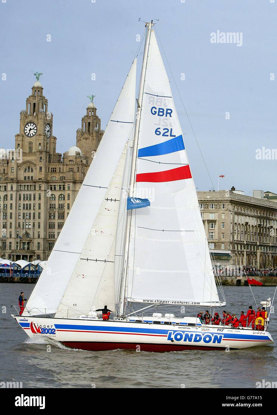 The crew of the London Clipper pass the Liver Buildings at the start of ...