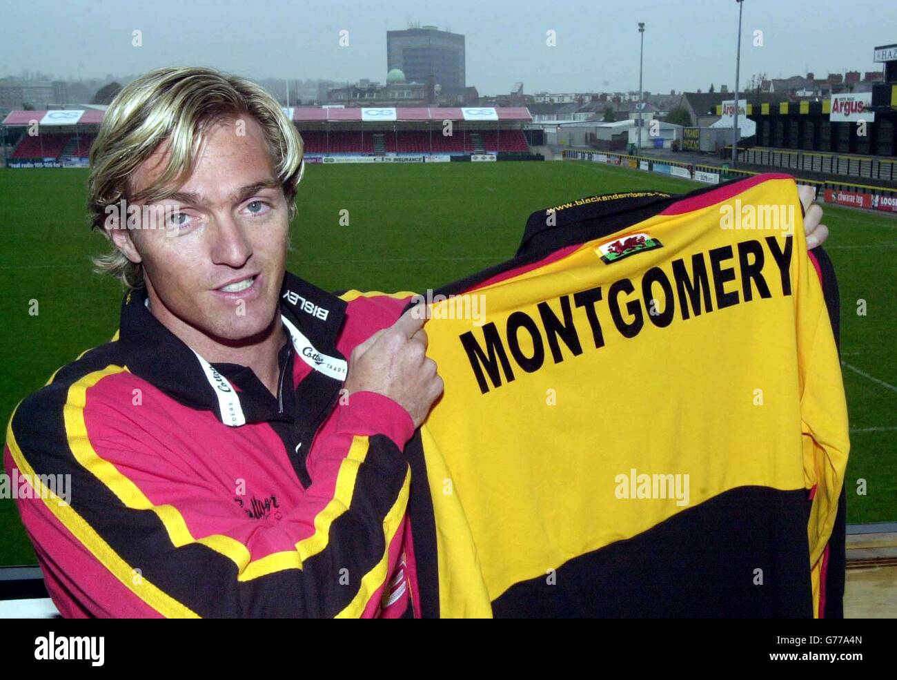 Former Springbok star Percy Montgomery with his Newport Rugby shirt ...