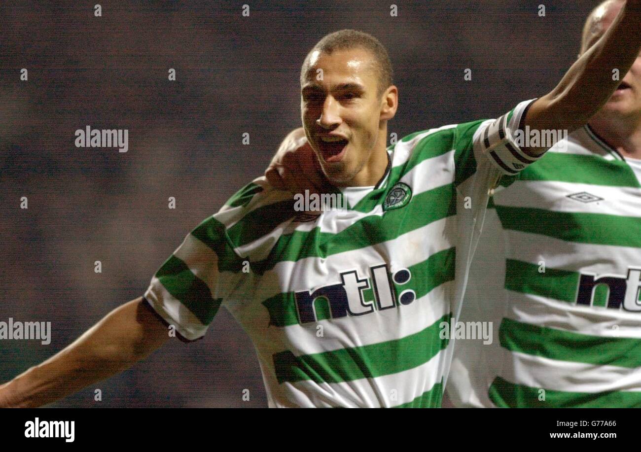 Celtics henrik larsson left celebrates goal teammate john hartson hi ...