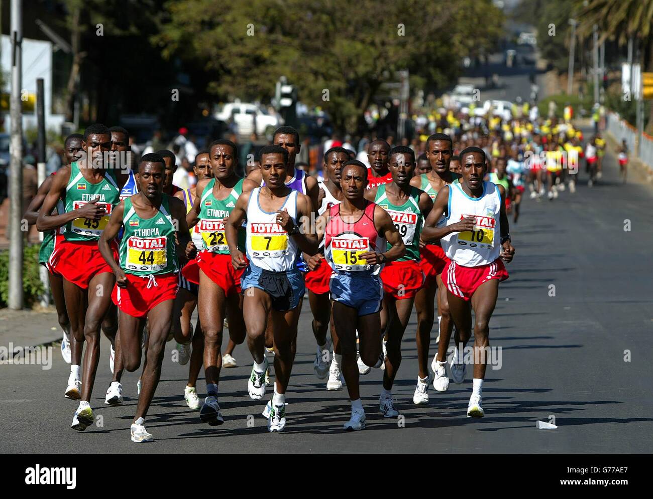 The elite athletes begin to pull away from the main field led by ...