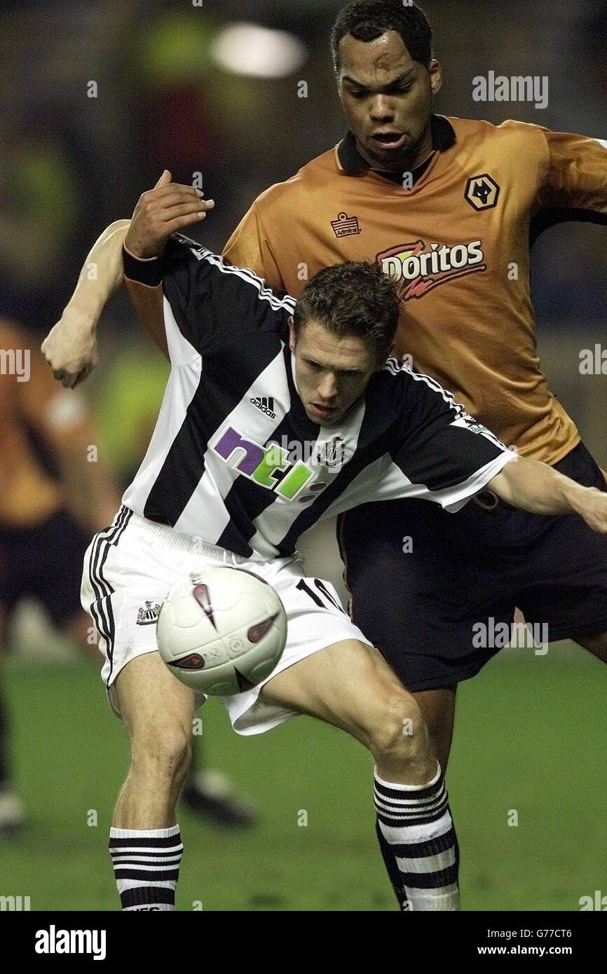 Newcastle's Craig Bellamy (left) tangles with Wolves's Joleon Lescott ...