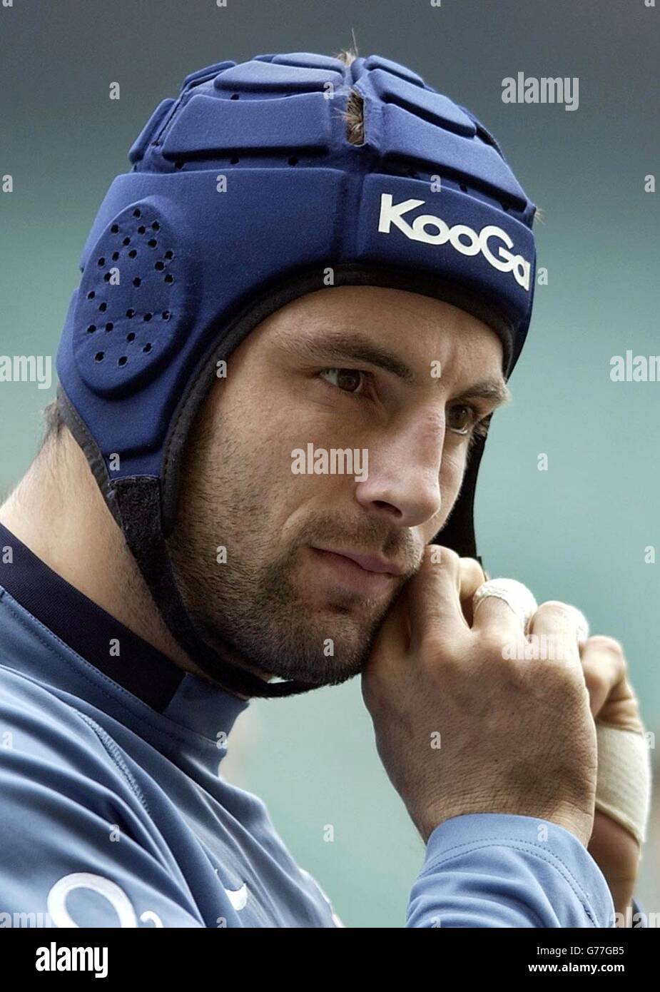 England rugby player Danny Grewcock puts on a skull cap during training ...
