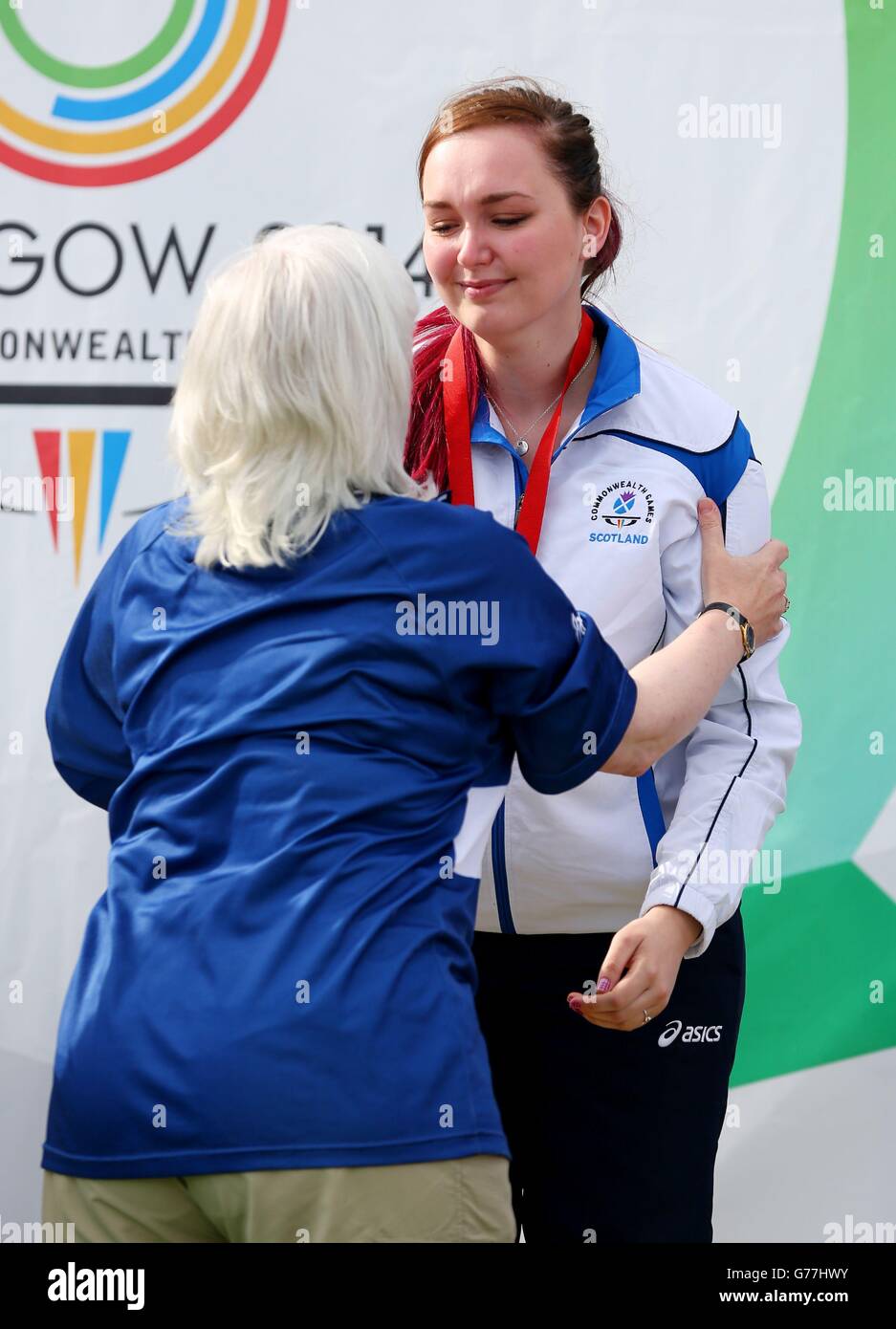 Scotland's Jen McIntosh becomes emotional on the podium as she receives ...