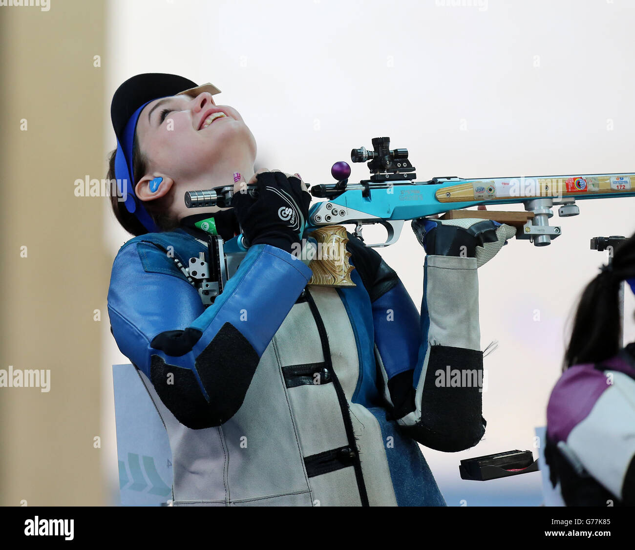 Scotland's Jen McIntosh reacts to her final shot during the 50m Rifle 3 ...