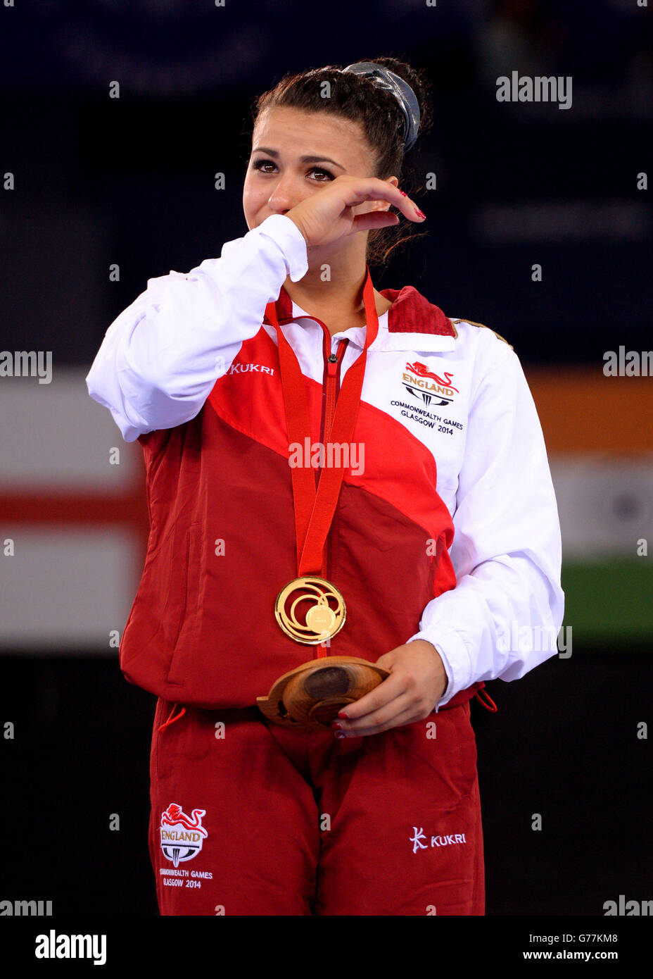 Gold medal winner England's Claudia Fragapane wipes away a tear on the ...