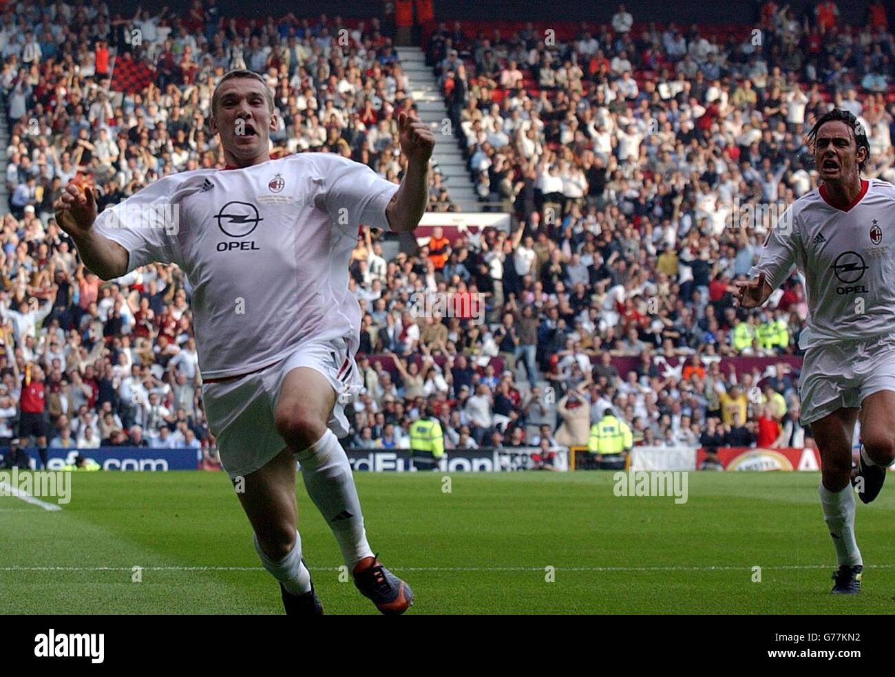 Andriy Shevchenko of AC Milan celebrates before his goal was disallowed ...
