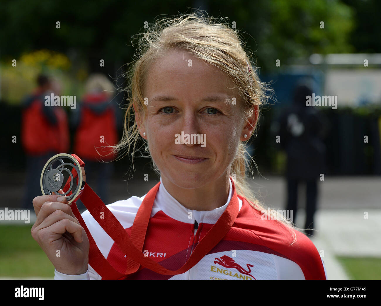 England's Emma Pooley with the Silver Medal she won in the time trial ...