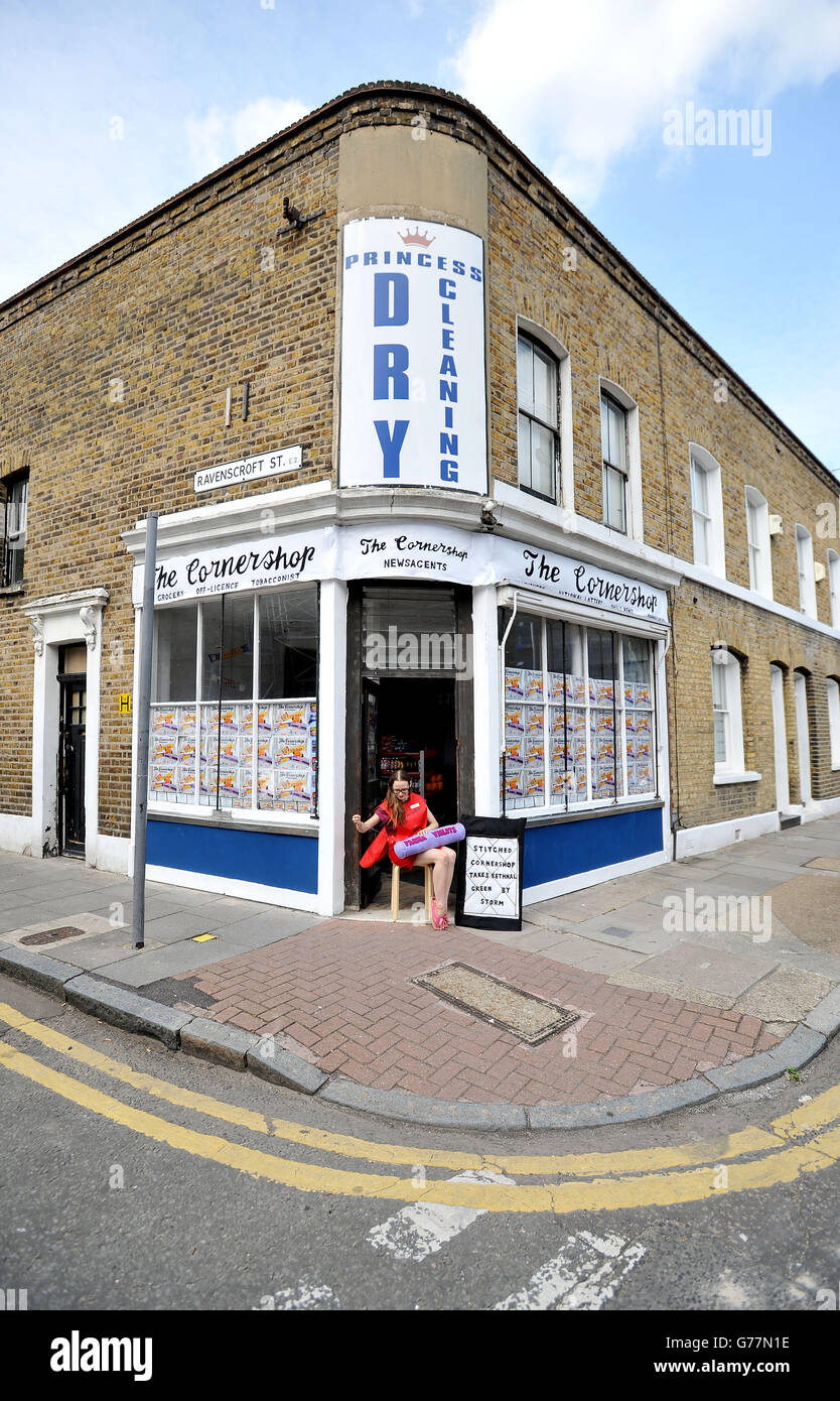 Felt corner shop art installation - east London Stock Photo - Alamy