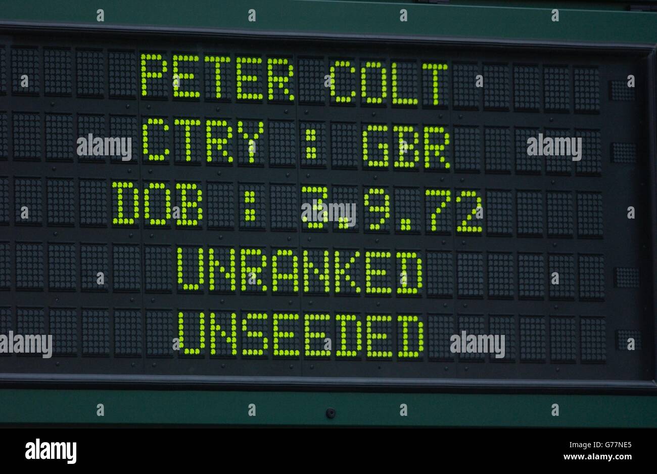 The scoreboard on Centre Court displays the details of a fictional ...