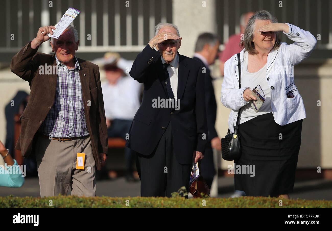 Former Taoiseach Liam Cosgrave (centre) looks towards the parade ring ...