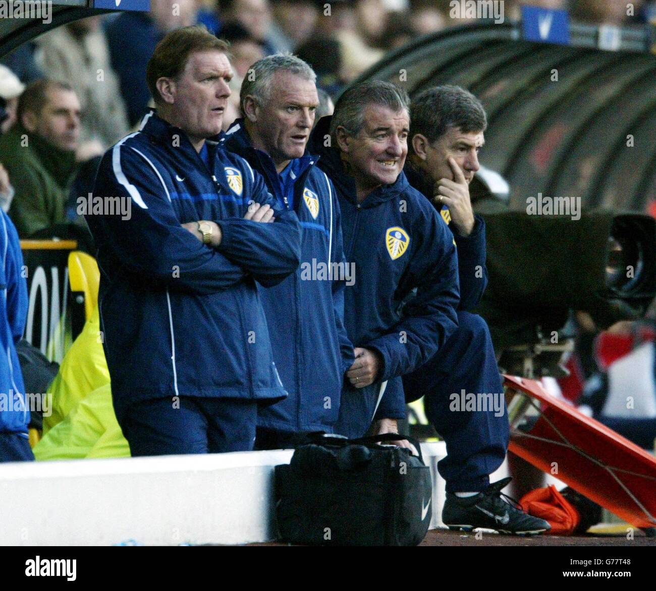 Leeds united bench from l r coaches roy aitken eddie gray hi-res stock ...