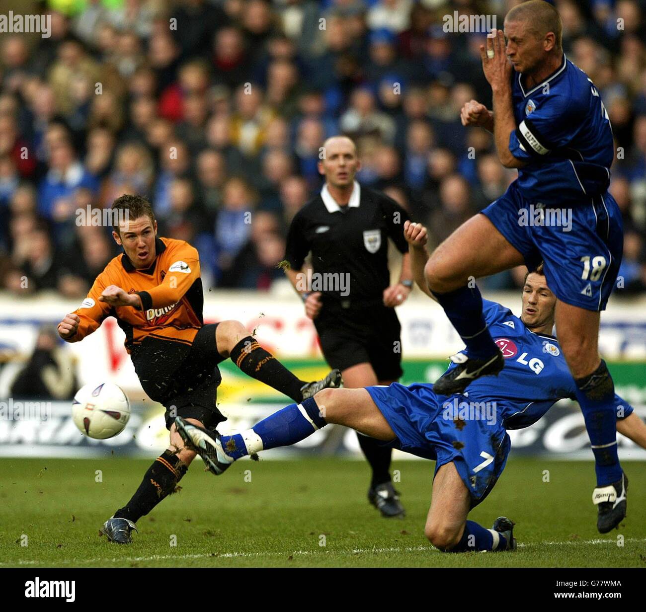 Wolverhampton Wanderers' Kenny Miller has his shot blocked by Leicester ...