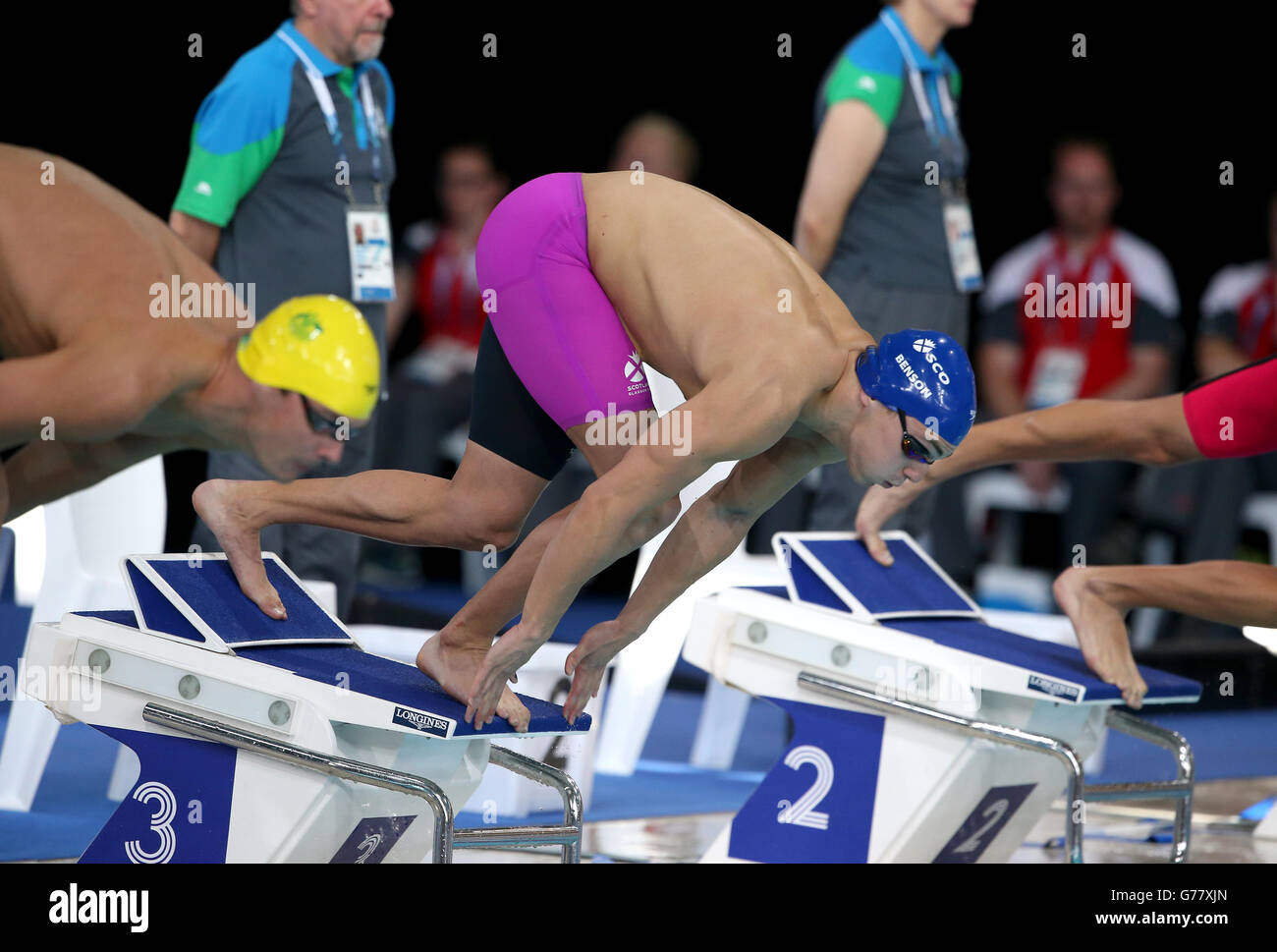 Scotland's Craig Benson dives at the start of the Men's 100m ...