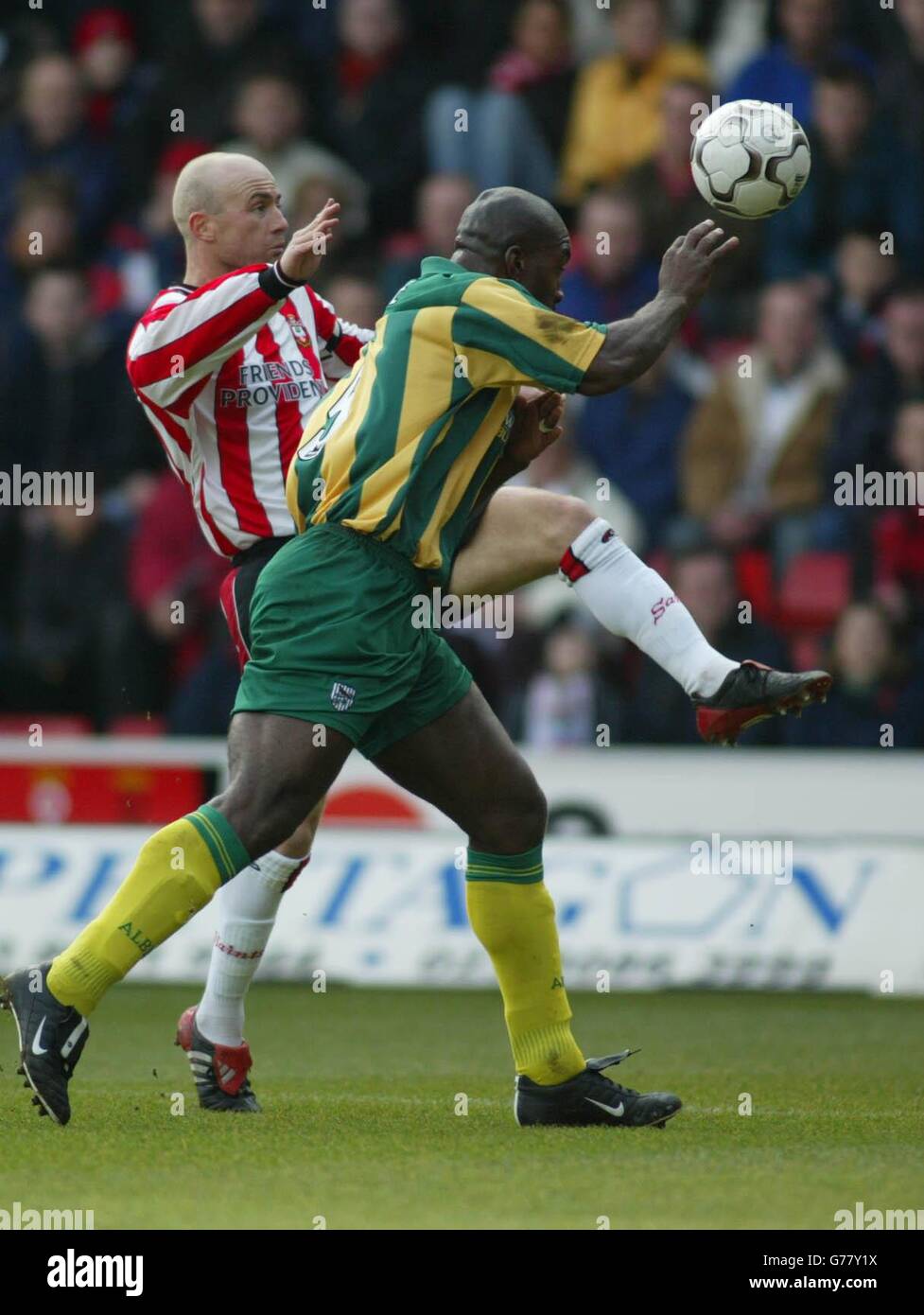 Chris Marsden of Southampton in action against Darren Moore of West ...