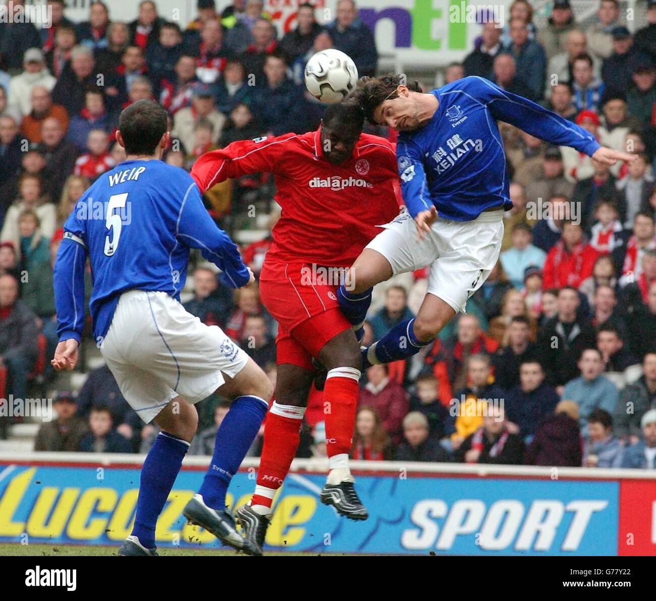 Everton's Allessandro Pistone (R) wins the ball from Middlesbrough's ...