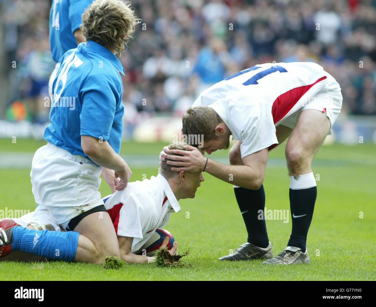 England's James Simpson-Daniel congratulates Josh Lewsey after scoring ...
