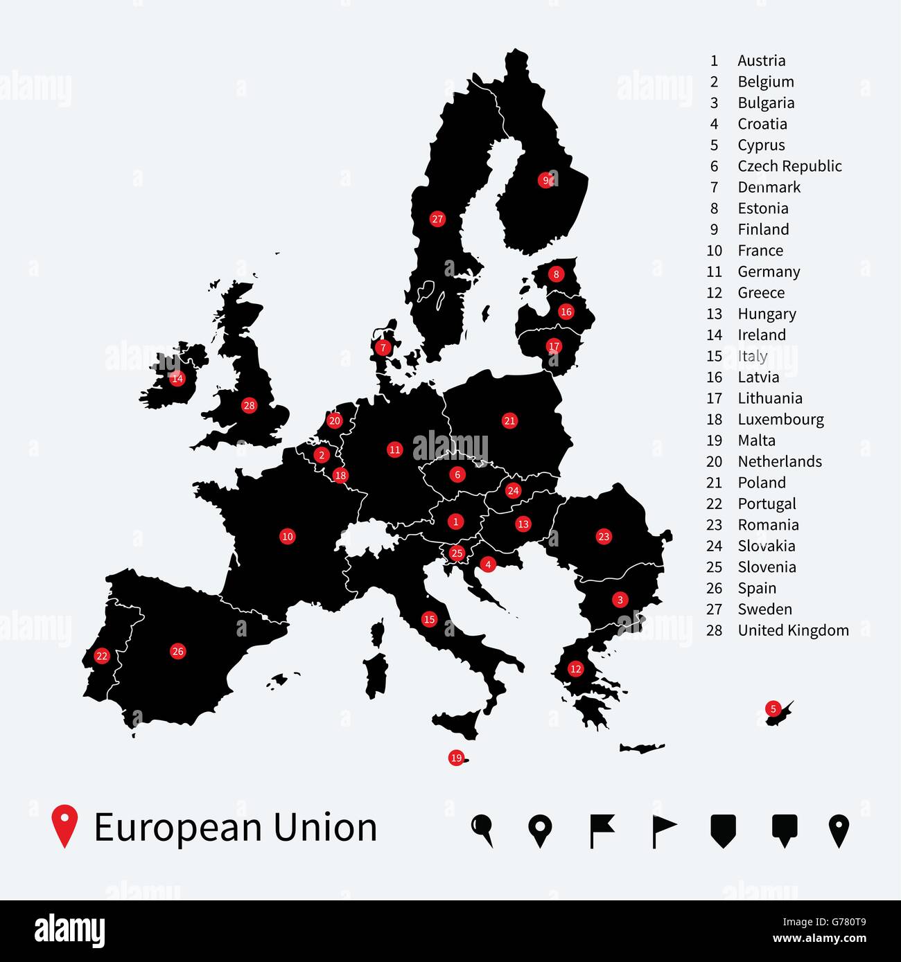 High detailed vector map of European Union with navigation pins Stock ...