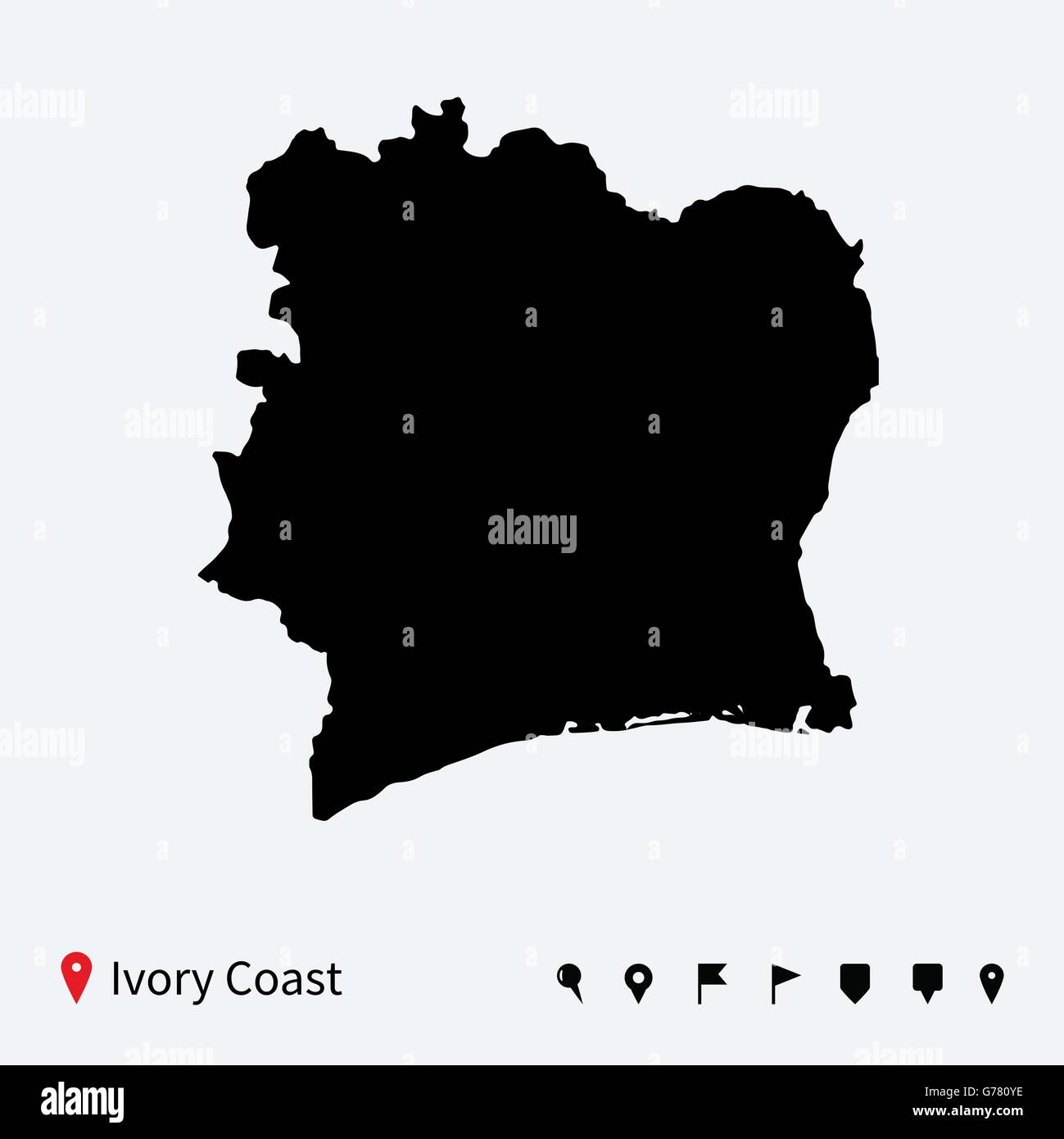 High detailed vector map of Ivory Coast with navigation pins Stock ...