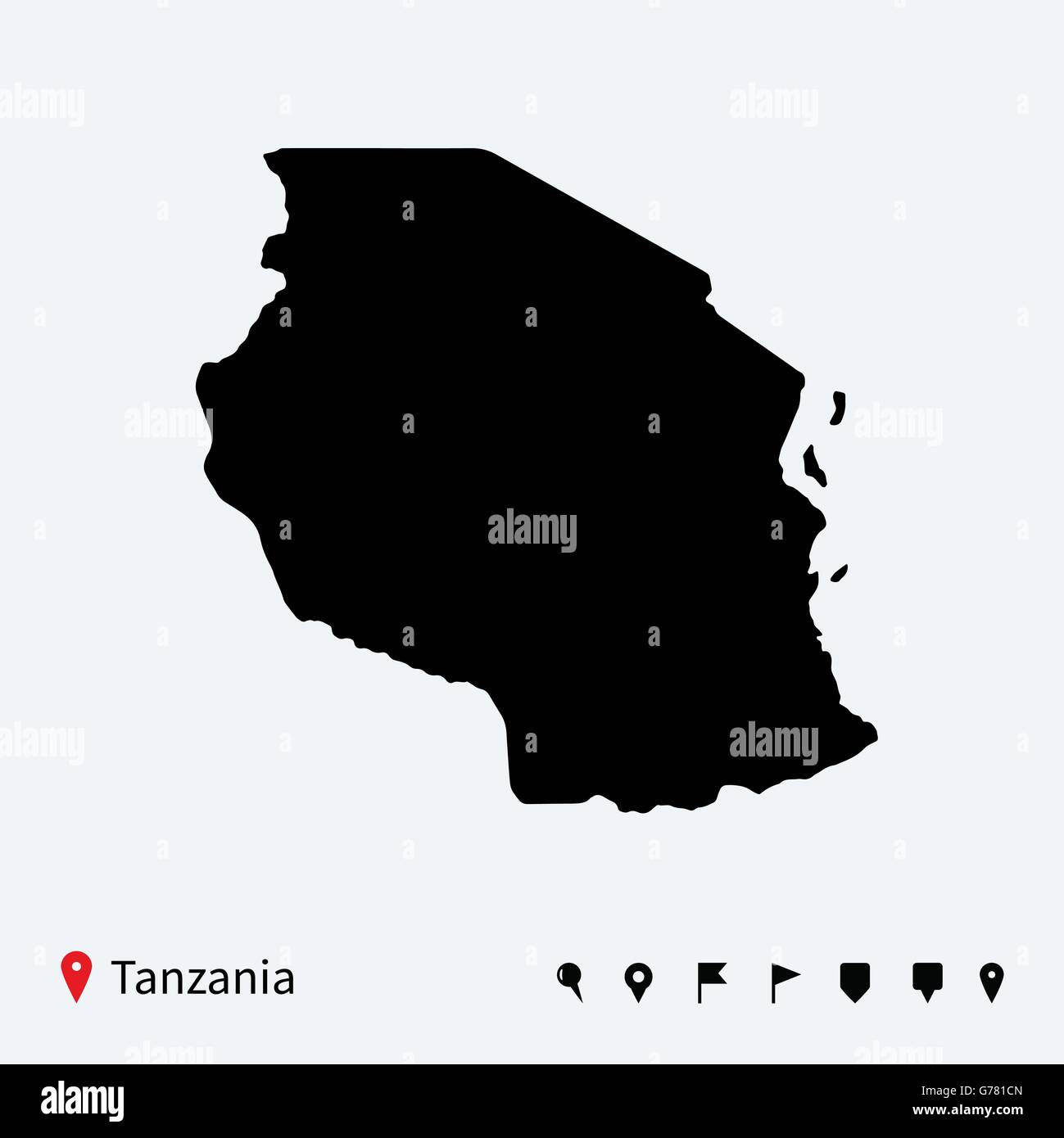 High detailed vector map of Tanzania with navigation pins Stock Vector ...