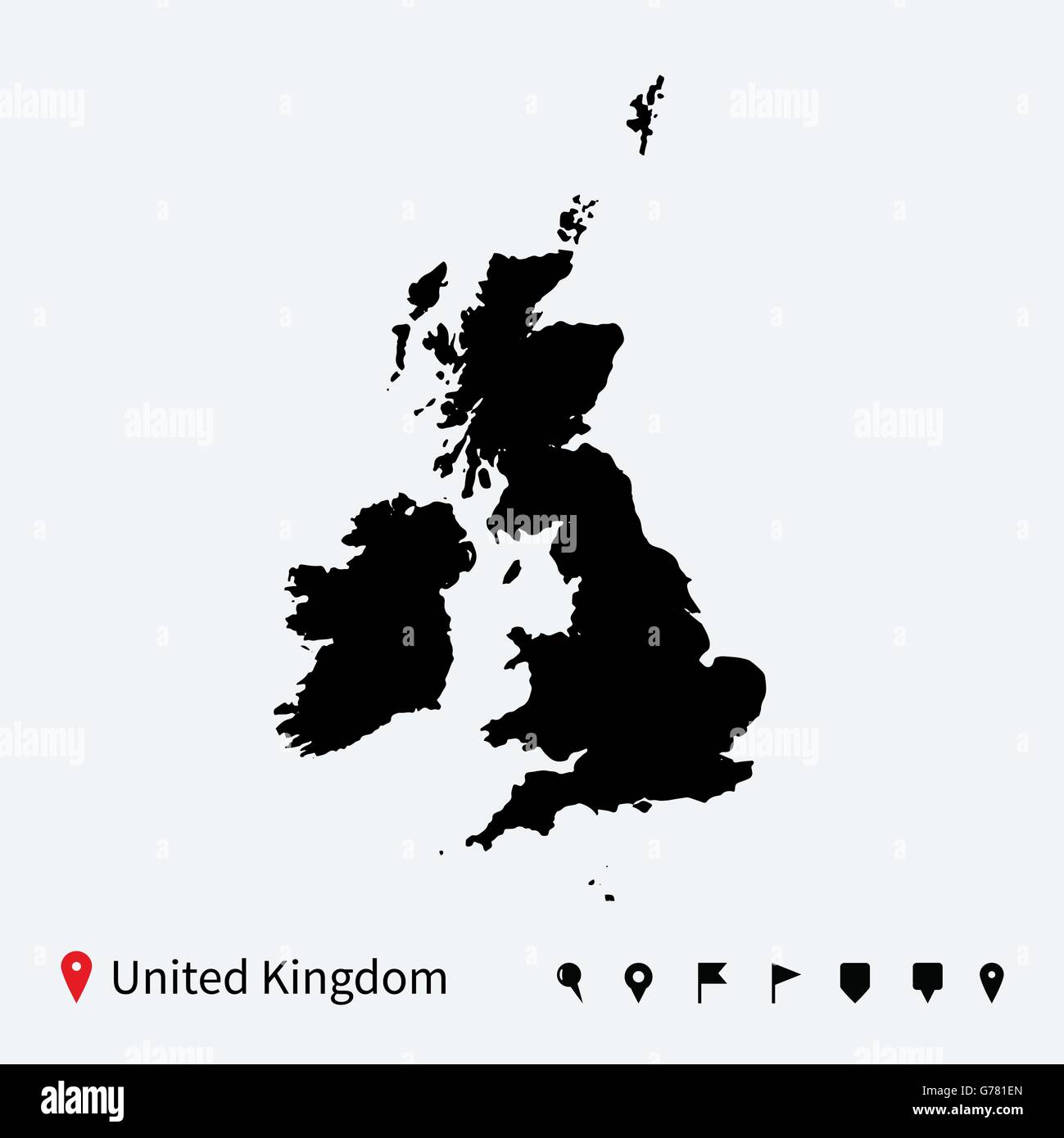 High detailed vector map of United Kingdom with navigation pins Stock ...