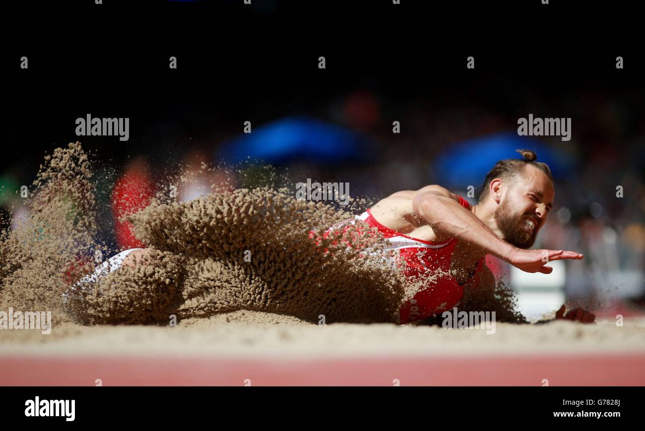 Wales' Ben Gregory during the Decathon Long Jump at Hampden Park ...