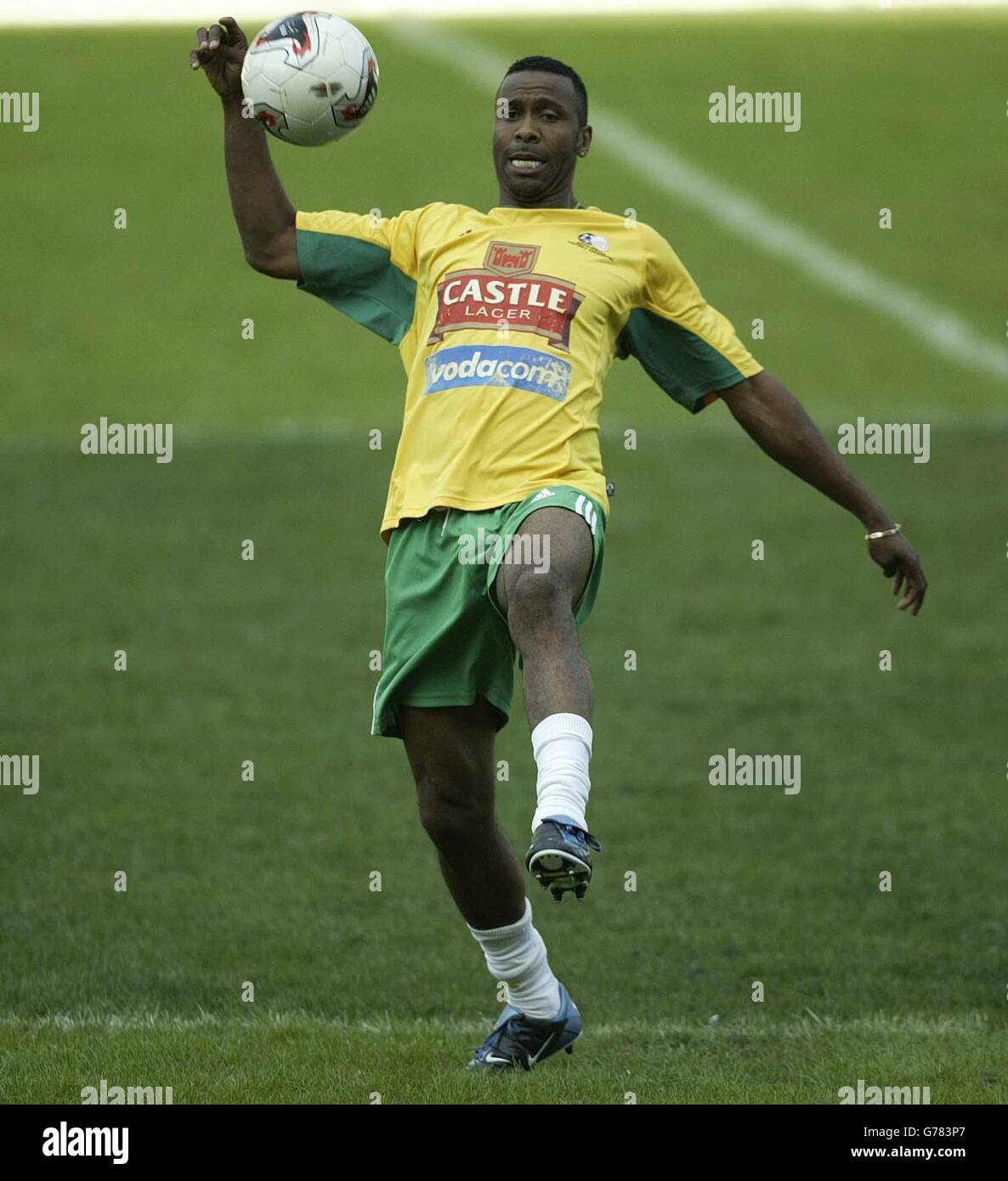 South Africa Captain Lucas Radebe trains in Durban's ABSA Stadium ...