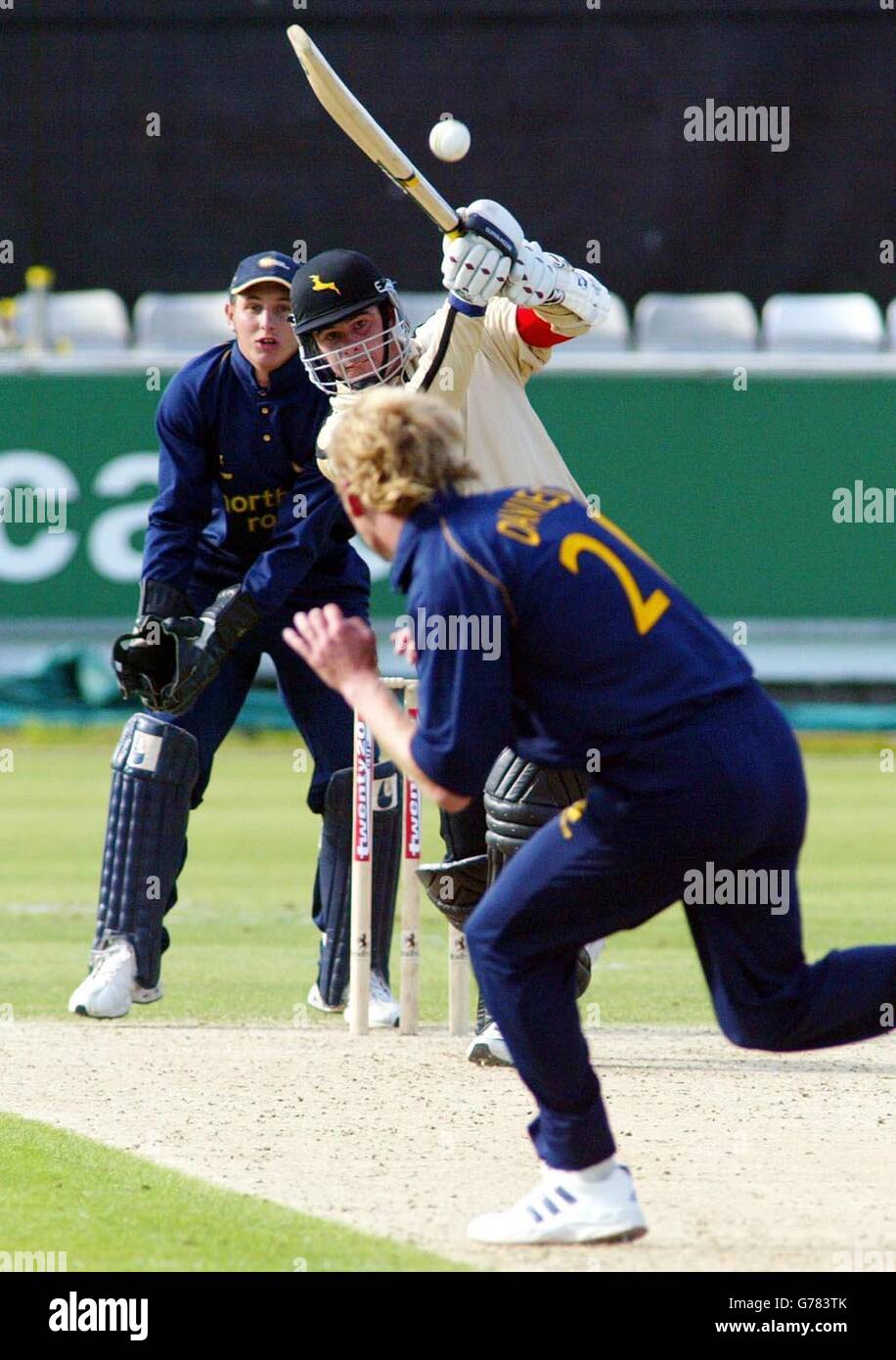 Notts Outlaw's Jason Gallian hits away over Durham's Mark Davies during ...