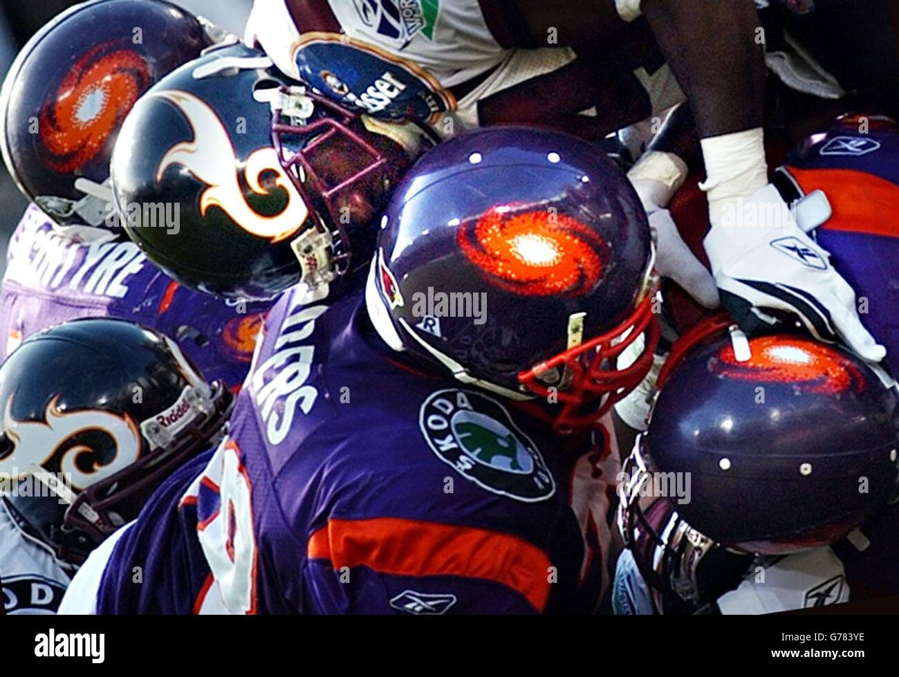 Players from Frankfurt Galaxy and Rhein Fire in action during the NFL ...