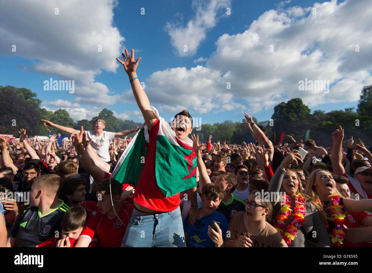 Welsh football fans celebrate in the Cardiff fan zone in Coopers Field ...