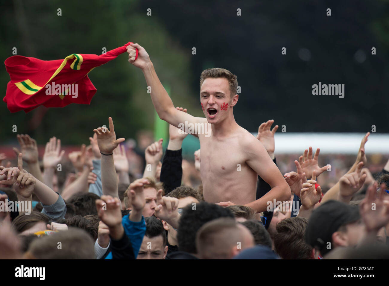 Welsh football fans celebrate in the Cardiff fan zone in Coopers Field ...