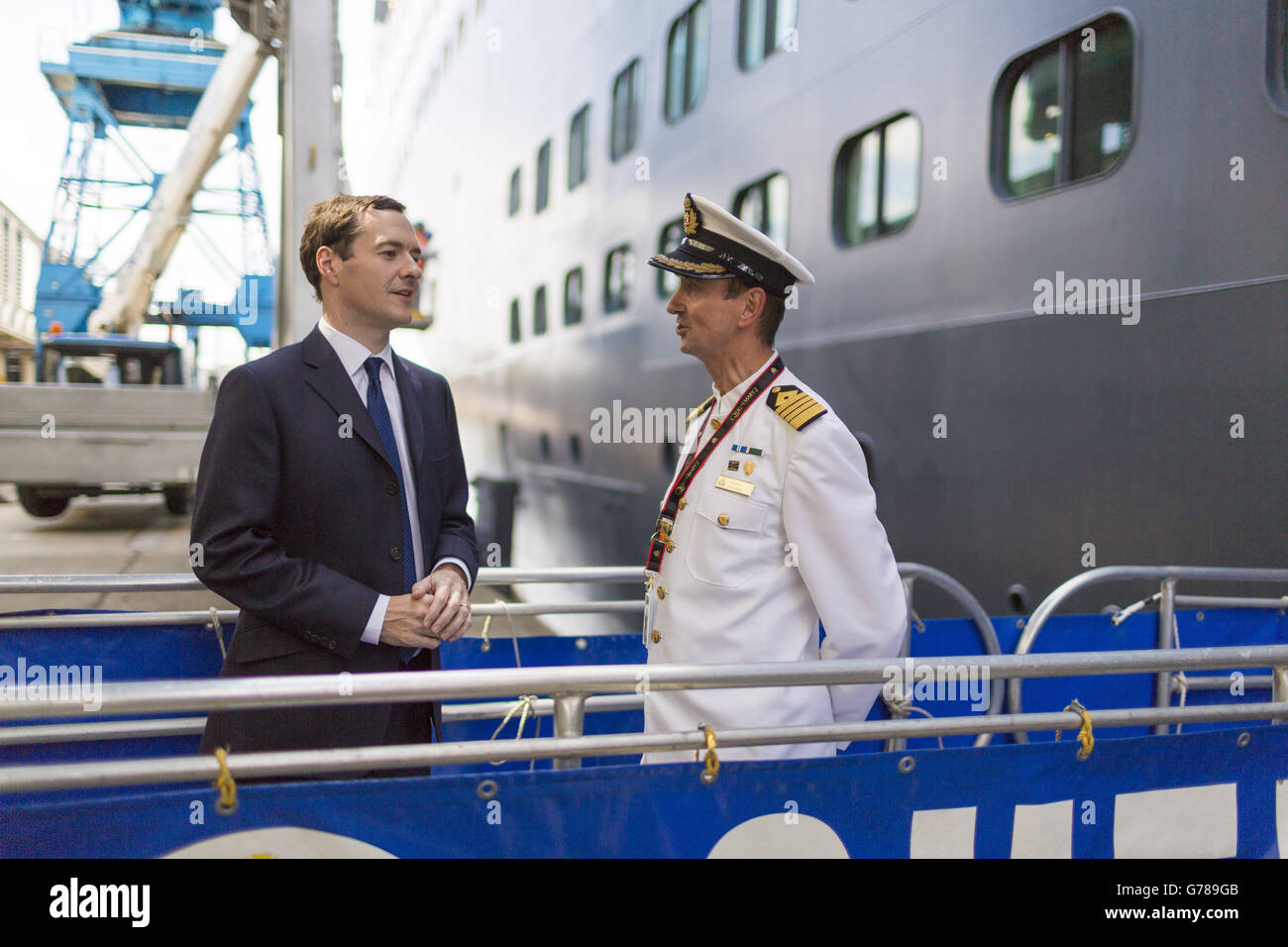 Chancellor of the Exchequer George Osborne is greeted by Captain Chris ...