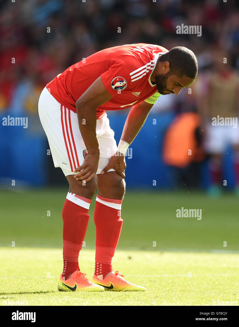 Wales' Ashley Williams feels a injury during the round of 16 match at ...