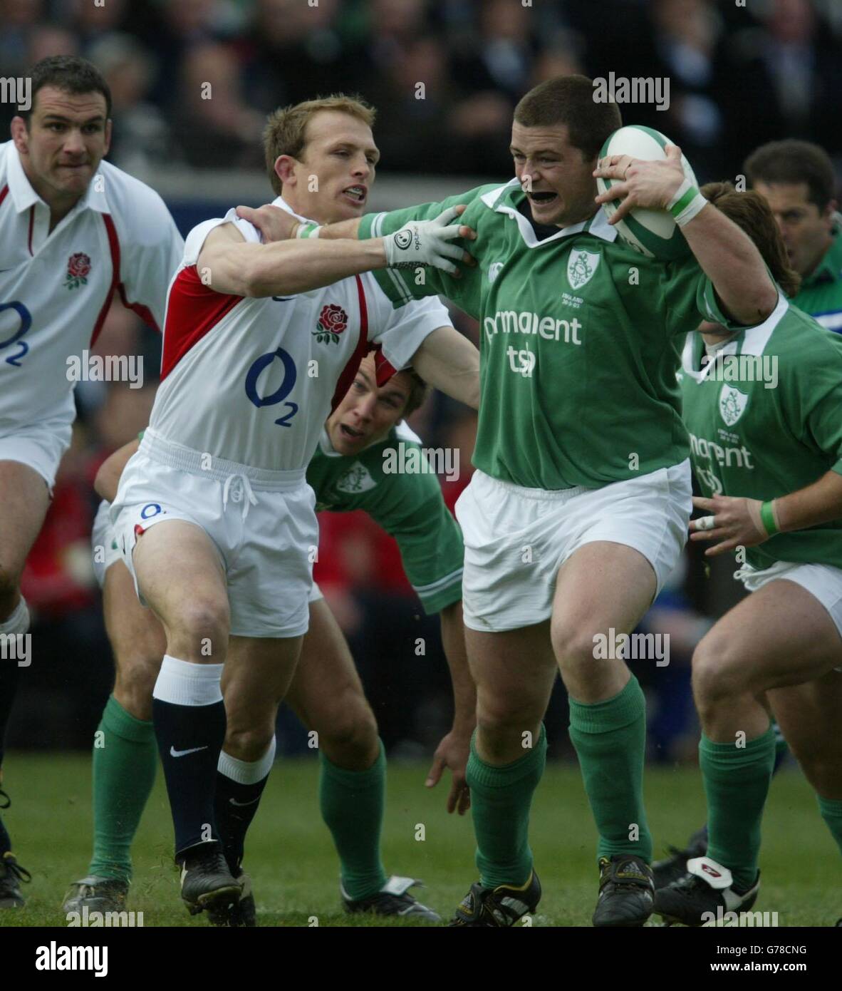 Ireland's Marcus Horan (right) and England's Matt Dawson tussle for the ...