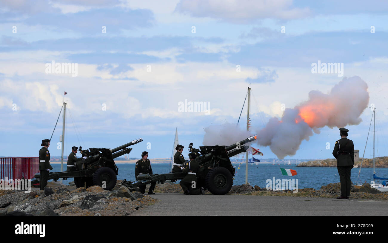 Artillery rounds are fired from Howth east pier, Dublin, during a ...