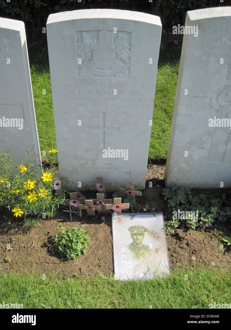 Poet and soldier Wilfred Owen's grave in the communal cemetery in Ors, northern France who died ...