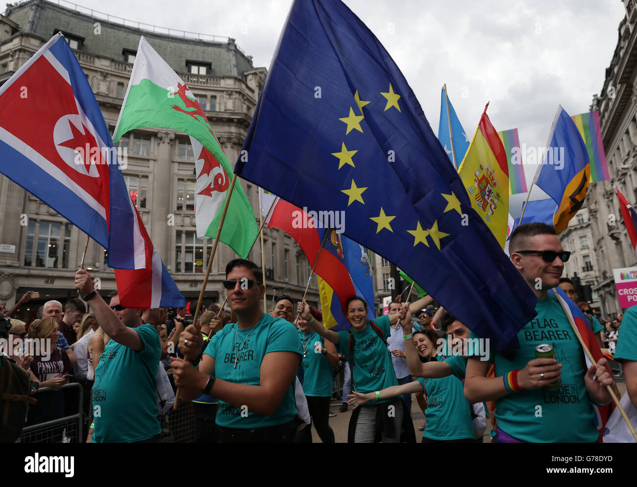 A man holding the European flag during the Pride in London parade, as ...