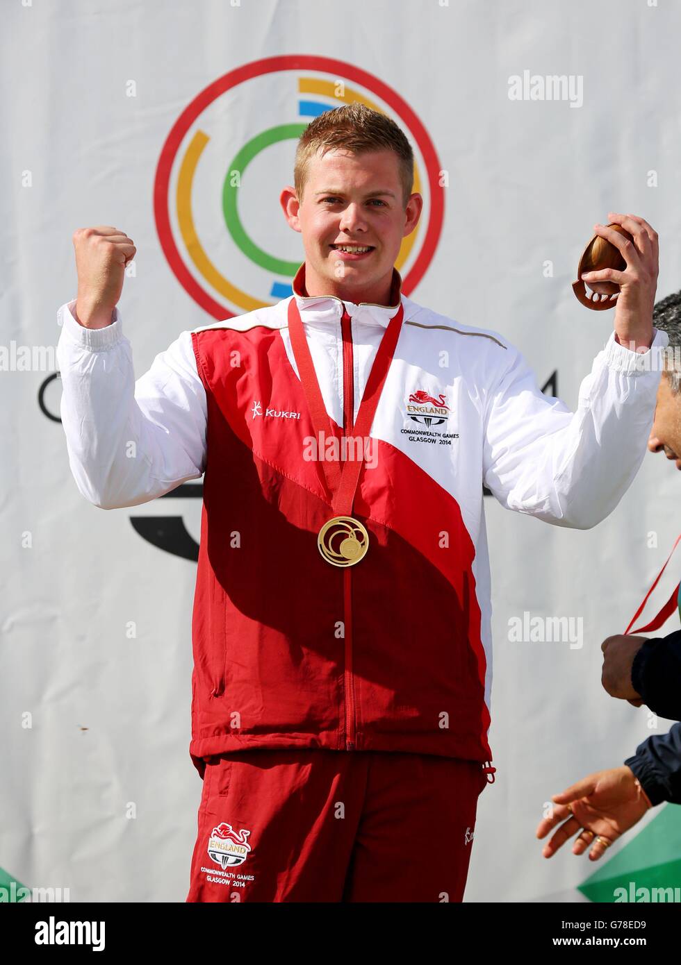 England's Daniel Rivers celebrates winning the gold medal in the 50m ...