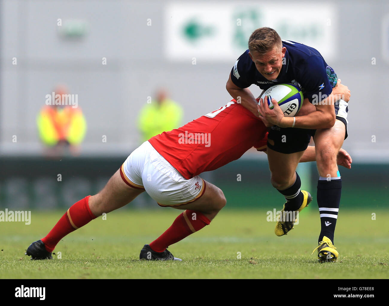 Scotland's Tom Galbraith is tackled by Wales Jarrod Evans during the ...