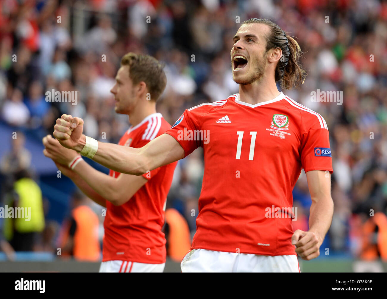 Wales' Gareth Bale celebrates on the pitch after the round of 16 match ...