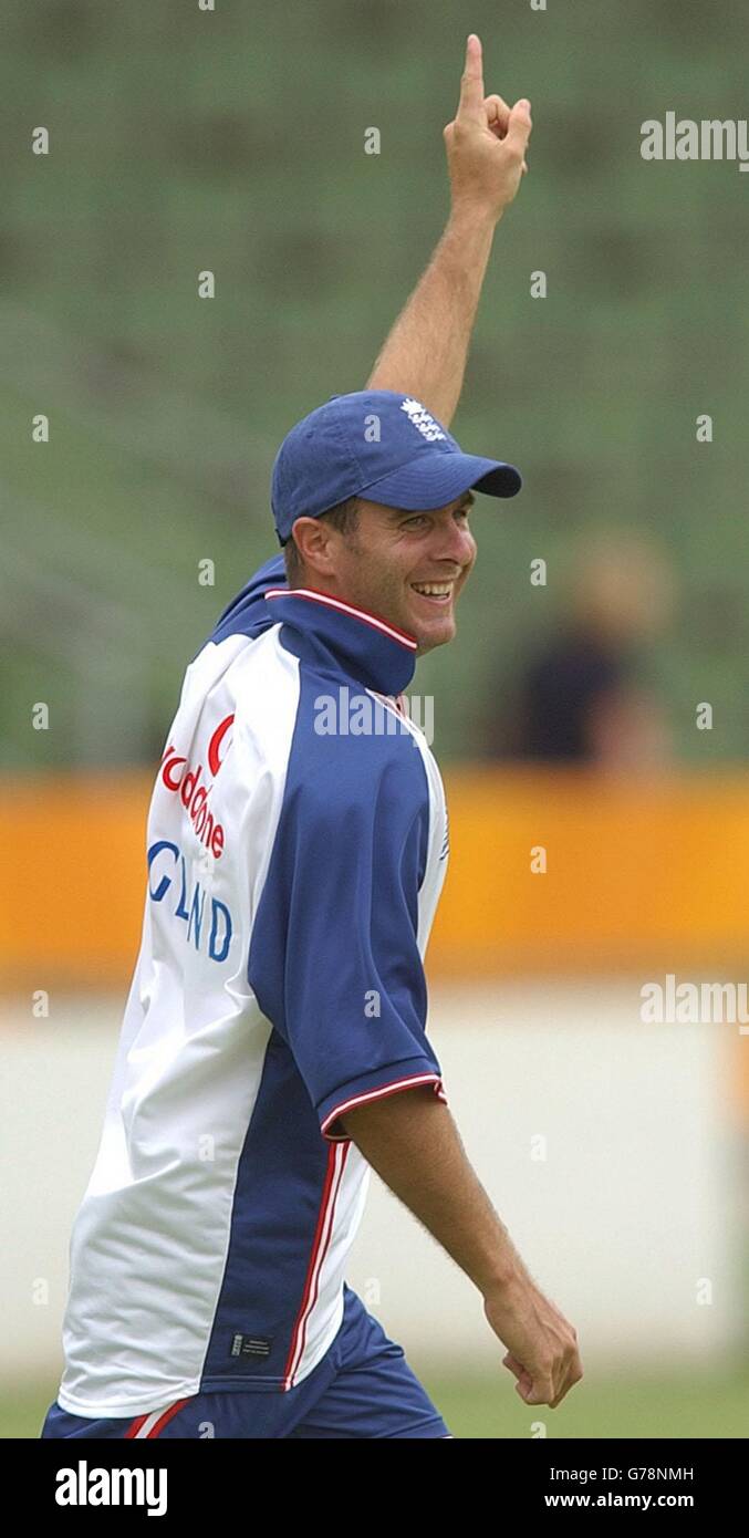 England cricketer Michael Vaughan reacts during the team's first net ...