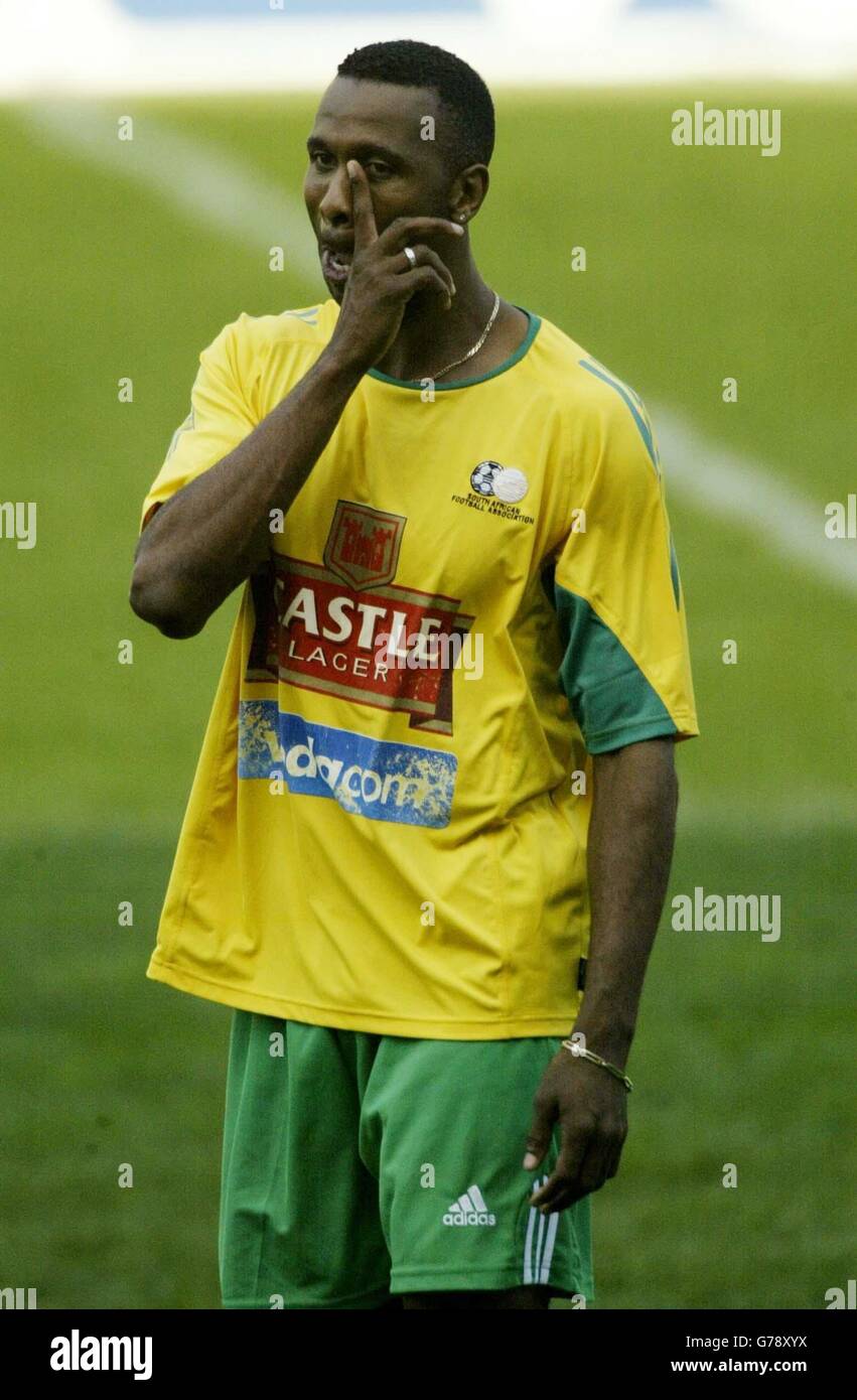 South Africa Captain Lucas Radebe trains in Durban's ABSA Stadium ...