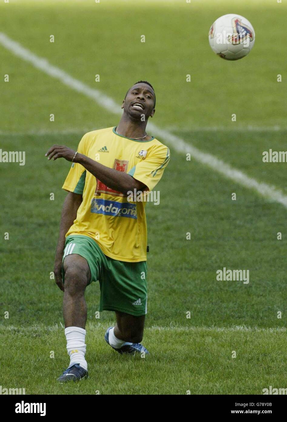 South Africa Captain Lucas Radebe trains in Durban's ABSA Stadium ...