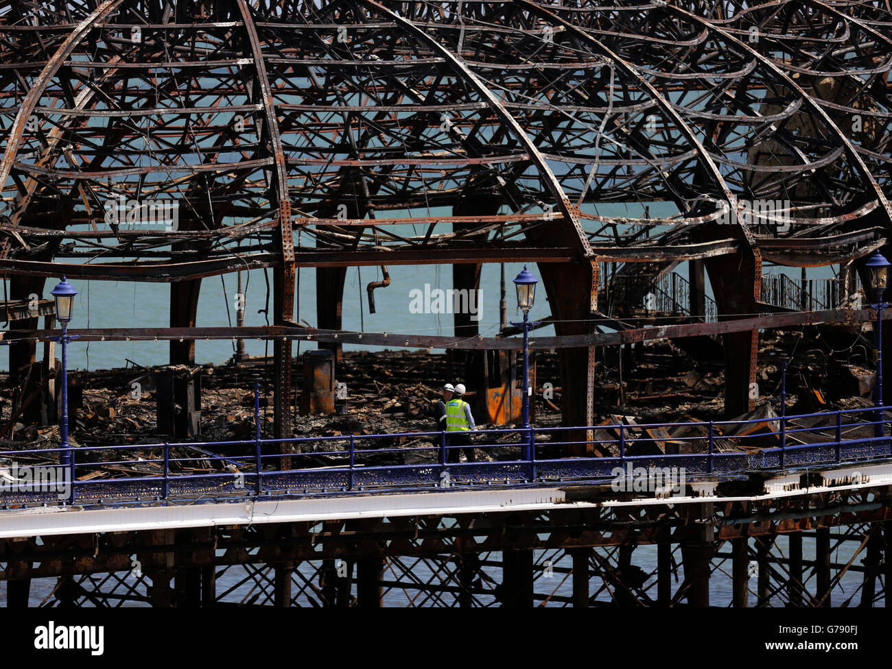 The burnt out remains of Eastbourne Pier, East Sussex, after a blaze ...