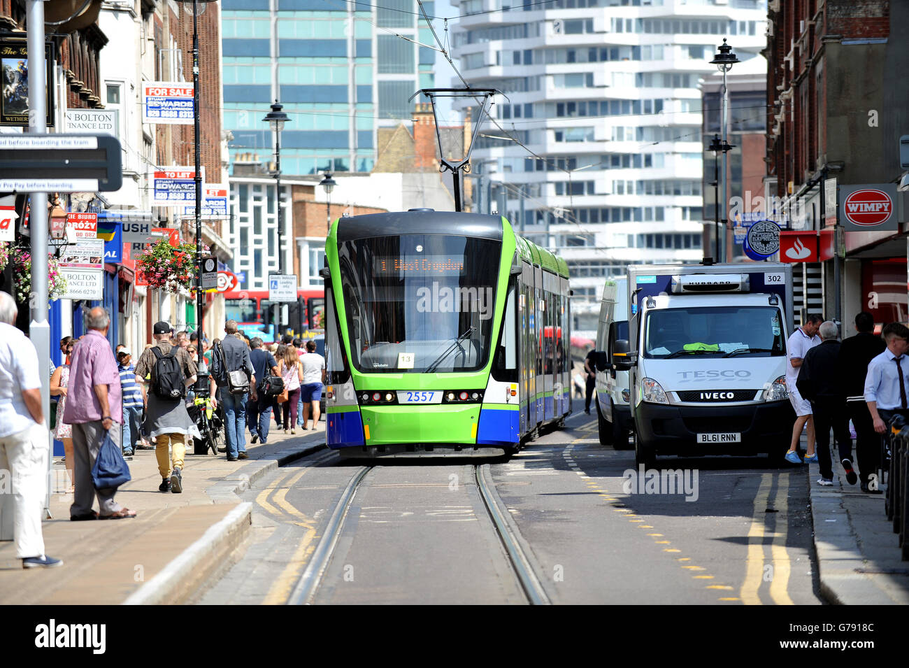 Croydon tram - stock. A Tramlink tram travels along George Street in ...