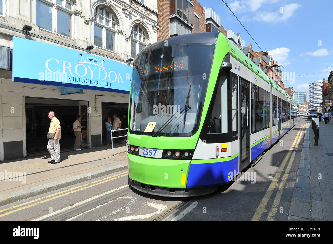 A Tramlink tram travels along George Street in Croydon, Surrey Stock ...