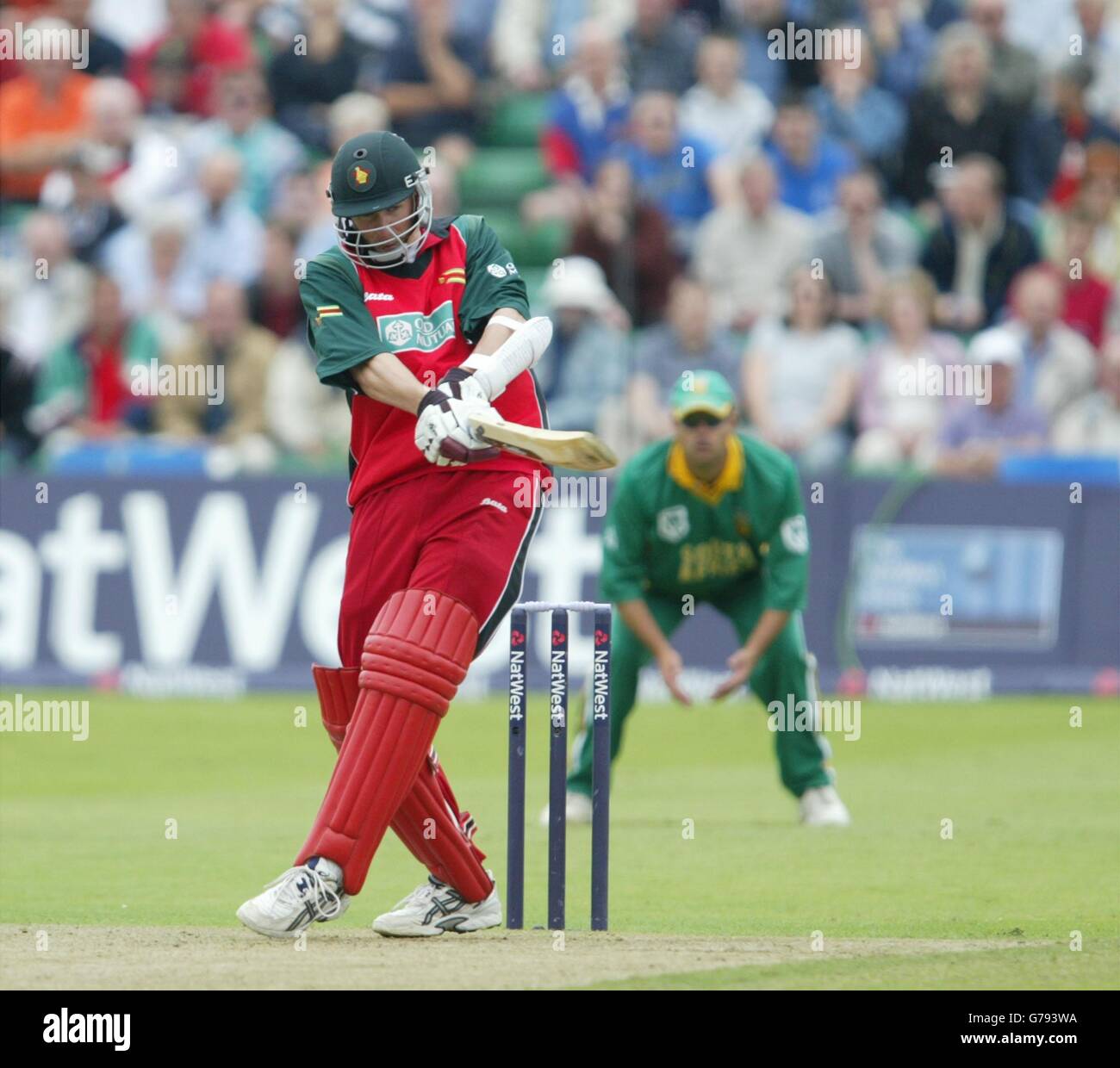 Zimbabwe's Douglas Marillier hits a ball from South African bowler ...
