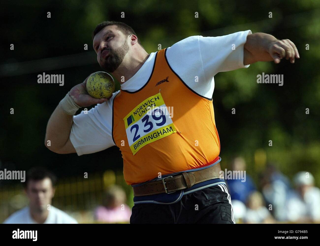 Carl Myerscough throwing in the Shot Put at the Norwich Union World Trials and AAA Championships ...
