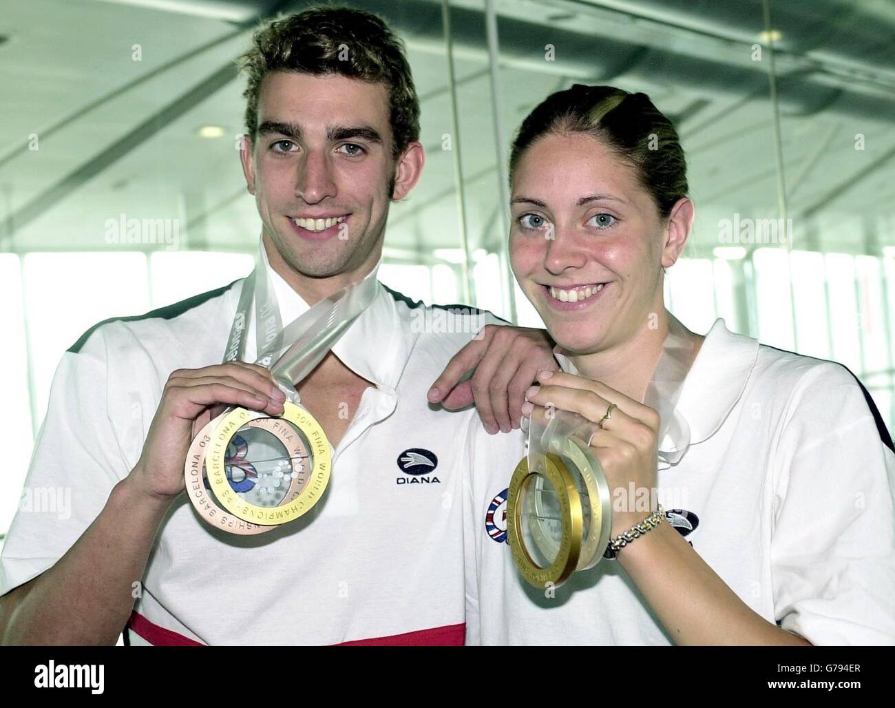 Swimmers James Gibson Katy Sexton Arrive Heathrow Airport Hi Res Stock